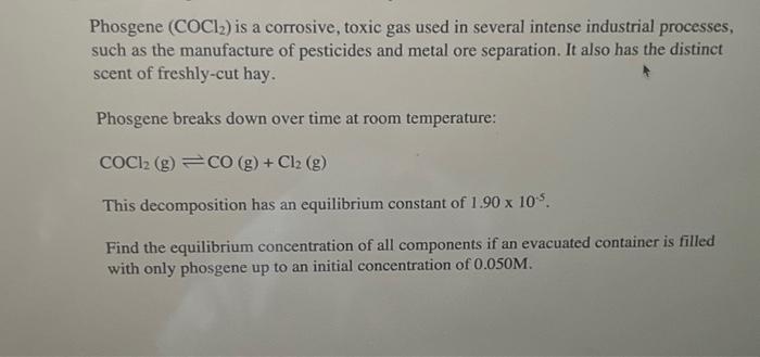 Solved Phosgene (COCl2) is a corrosive, toxic gas used in | Chegg.com