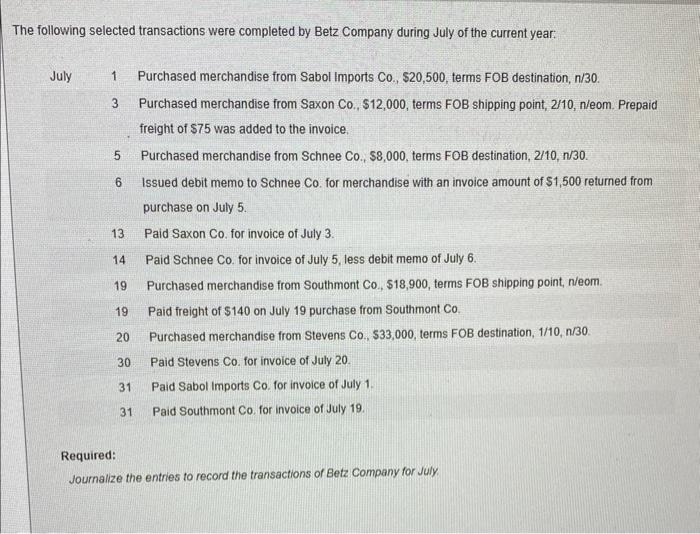 Solved The following selected transactions were completed by | Chegg.com