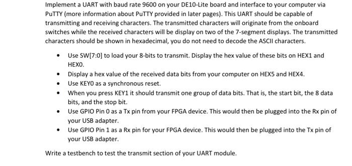 Implement a UART with baud rate 9600 on your | Chegg.com