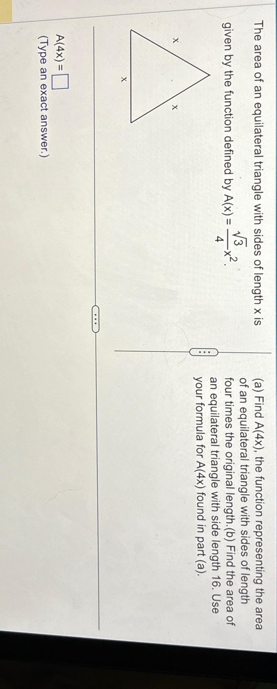 Solved The area of an equilateral triangle with sides of | Chegg.com
