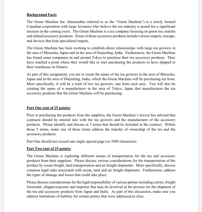 Background Facts The Green Machine Inc. (hereinafter | Chegg.com