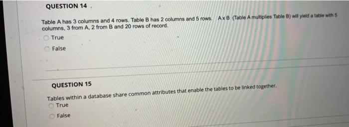 Table A has 3 columns and 4 rows. Table B has 2 | Chegg.com