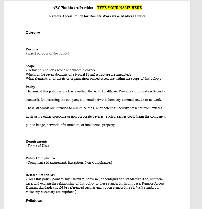 Solved ABC Healthcare Provider TYPE YOUR NAME HERE Remote | Chegg.com