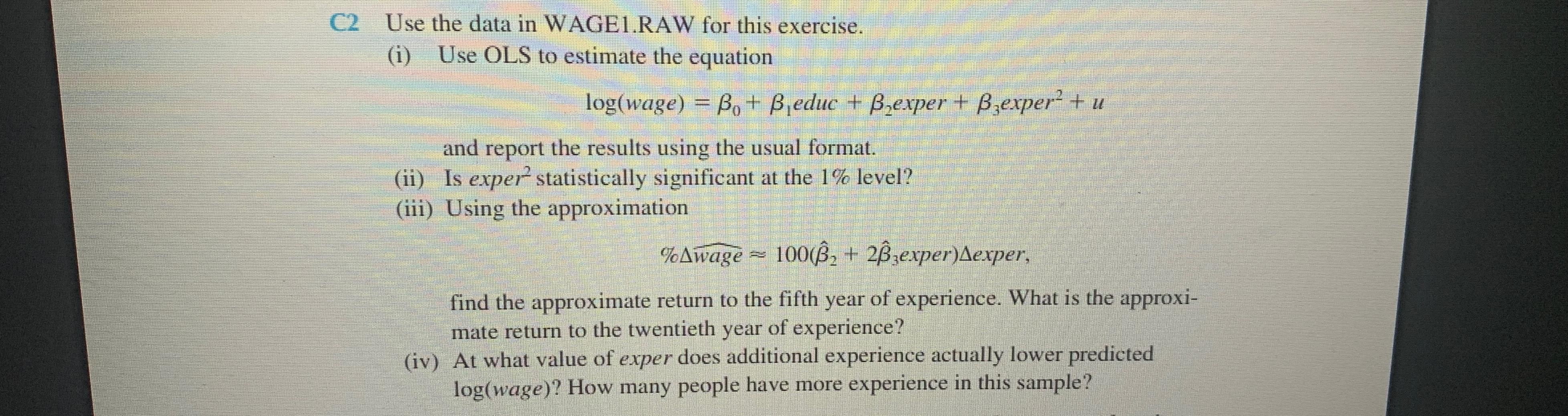 Solved Steps forC2 ﻿Use the data in WAGE1.RAW for this | Chegg.com