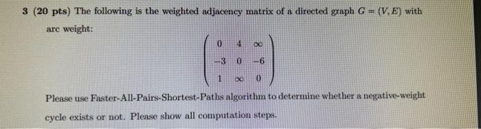 Solved 3 (20 pts) The following is the weighted adjacency | Chegg.com