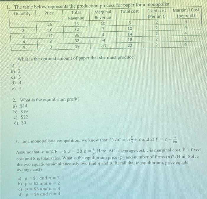 Solved 4 1. The table below represents the production | Chegg.com
