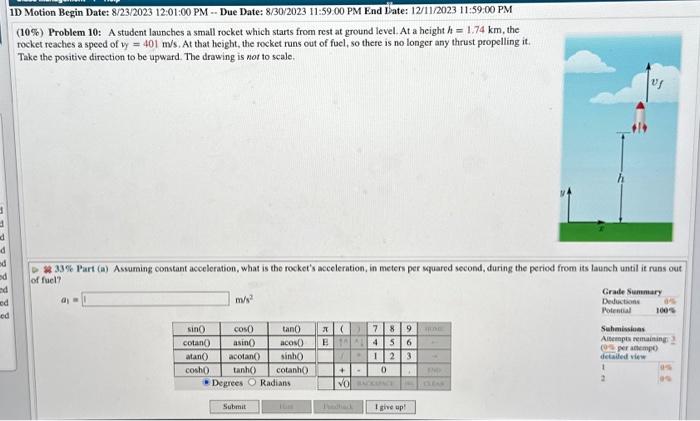Solved (10\%) Problem 10: A student launches a small rocket | Chegg.com