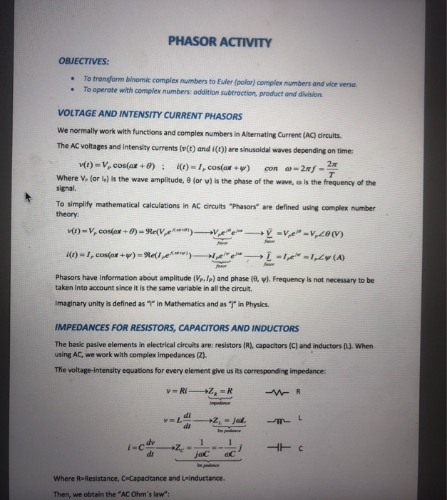 Solved PHASOR ACTIVITY OBJECTIVES: To transform binomic | Chegg.com