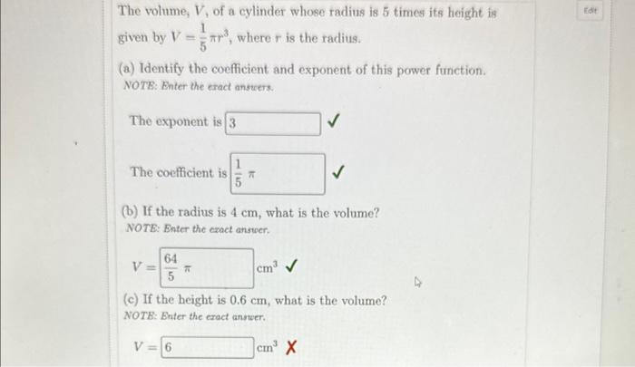 Solved The volume, V, of a cylinder whose radius is 5 times | Chegg.com