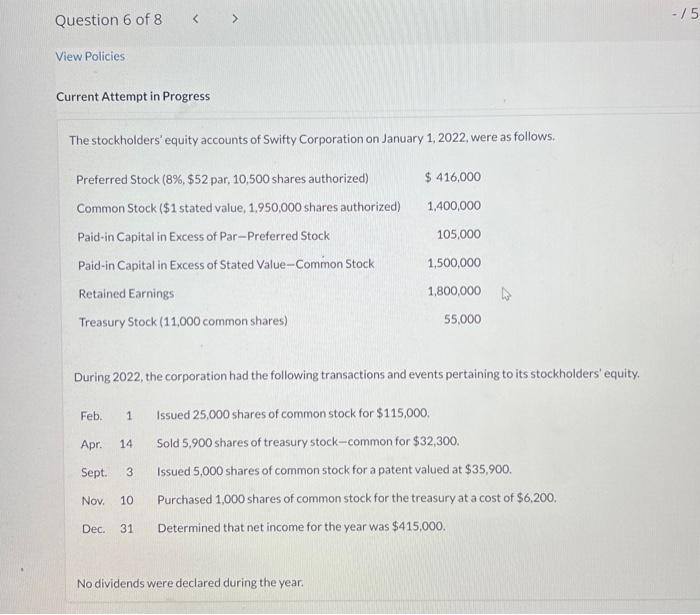 Solved Current Attempt in Progress The stockholders' equity | Chegg.com