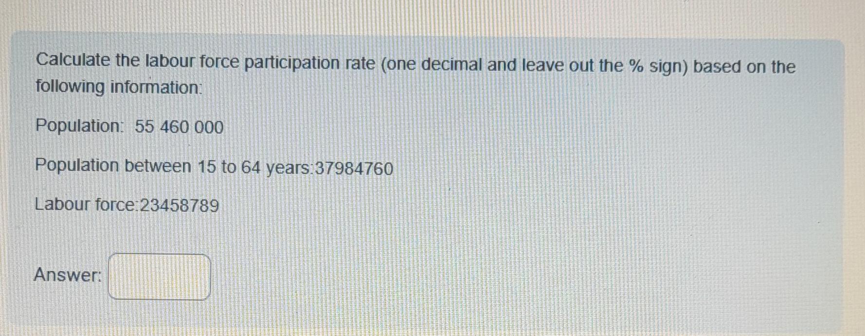 Solved Calculate the labour force participation rate (one | Chegg.com