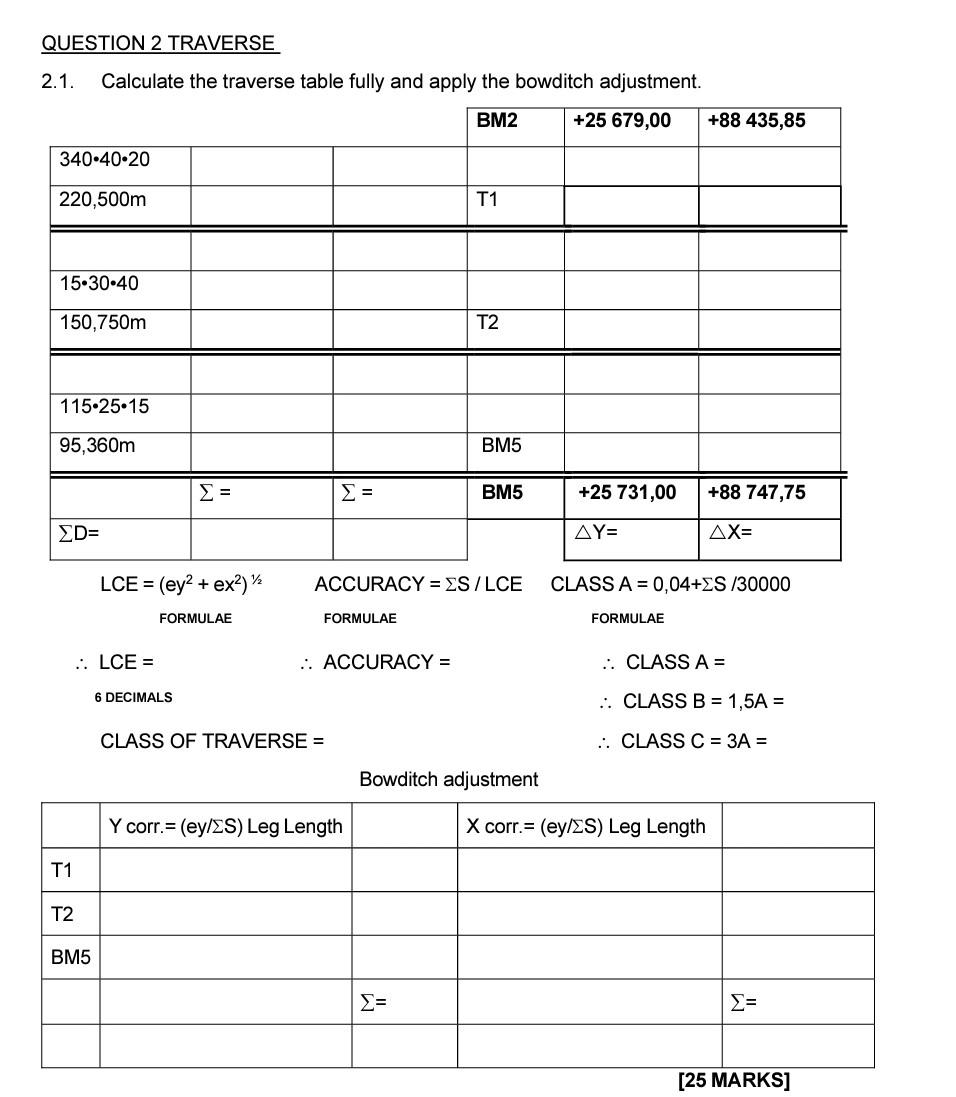 Solved QUESTION 2 TRAVERSE 2.1. Calculate the traverse table | Chegg.com