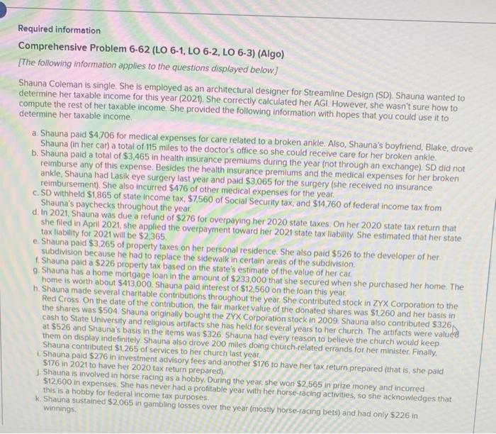 Solved Required information Comprehensive Problem 6-62 (LO | Chegg.com