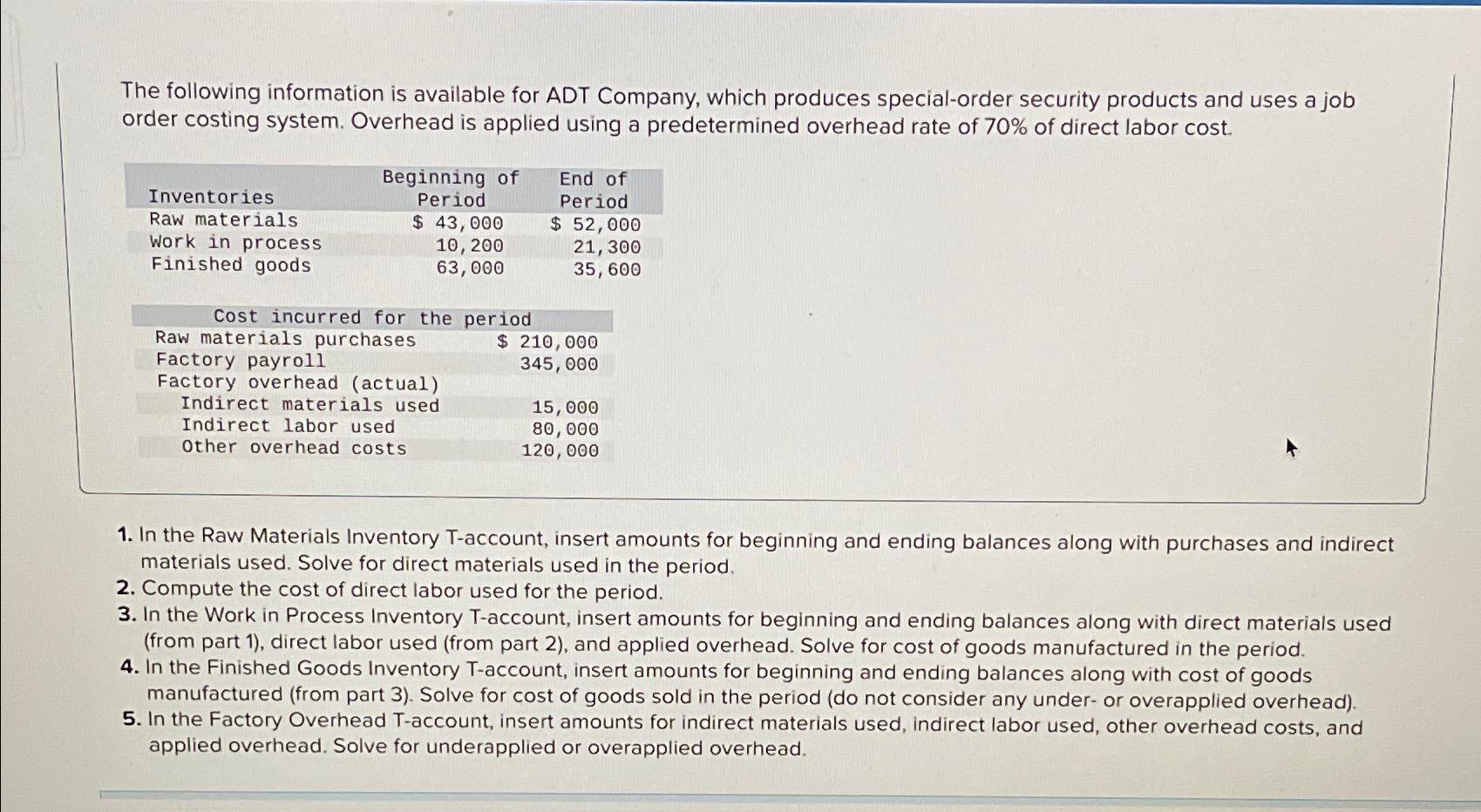Solved The following information is available for ADT | Chegg.com