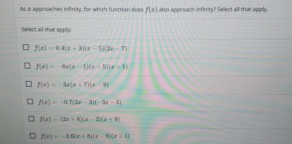 Solved As x approaches infinity, for which function does | Chegg.com