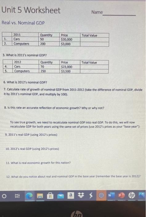 Solved Unit 5 Worksheet Name Real vs. Nominal GDP Total | Chegg.com