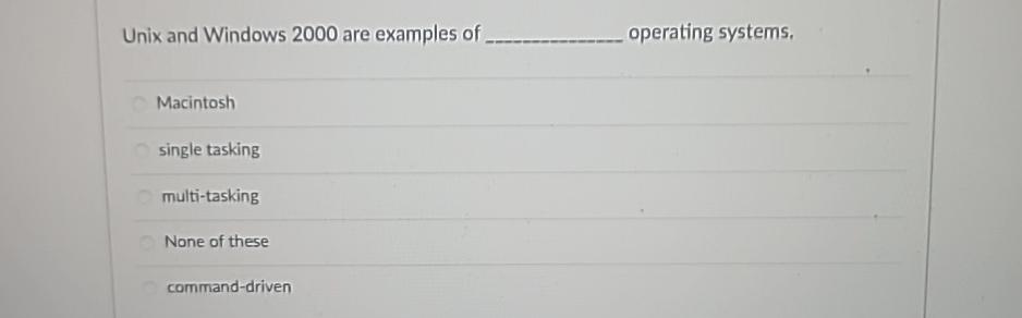 Solved Unix and Windows 2000 ﻿are examples ofoperating | Chegg.com