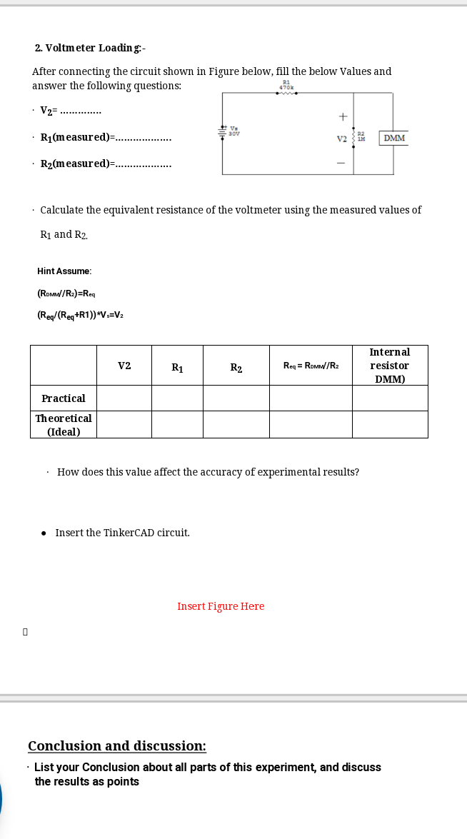 Solved 2. Voltmeter Loading: - After connecting the circuit | Chegg.com