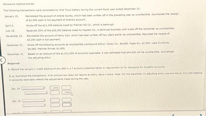 Solved Allowance method entries The following transactions | Chegg.com