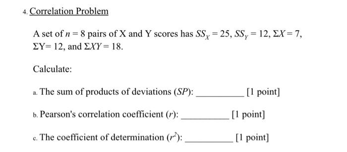 Solved 4. Correlation Problem A set of n=8 pairs of X and Y | Chegg.com