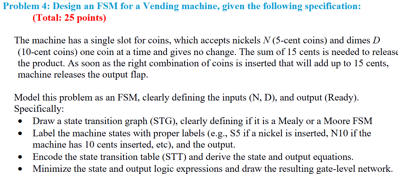 Solved Problem 4: Design an FSM for a Vending machine, given | Chegg.com