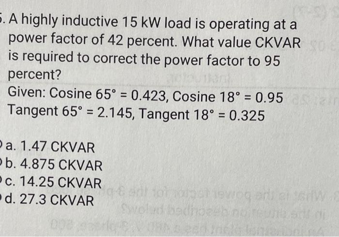 Solved A highly inductive 15 kW load is operating at a power | Chegg.com