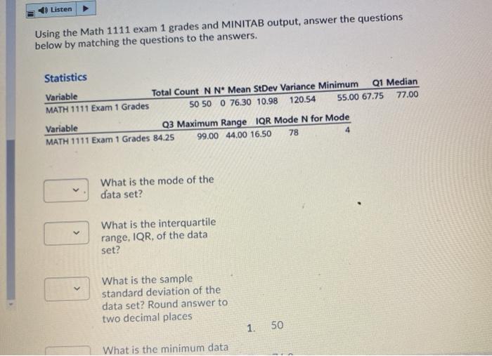 Solved Listen Using the Math 1111 exam 1 grades and MINITAB | Chegg.com