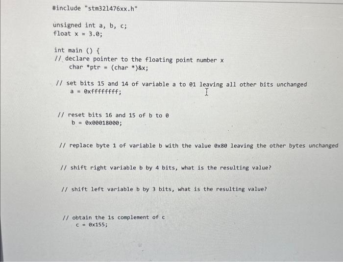 Solved \#include "stm321476xx.h" unsigned int a,b,c; float | Chegg.com