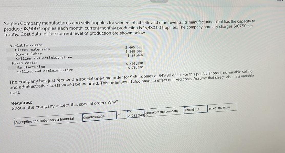 Solved Anglen Company manufactures and sells trophies for | Chegg.com