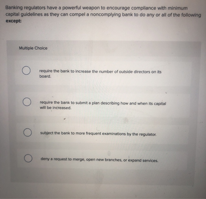 Solved Banking regulators have a powerful weapon to | Chegg.com