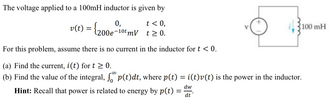 Solved The voltage applied to a 100mH ﻿inductor is given | Chegg.com