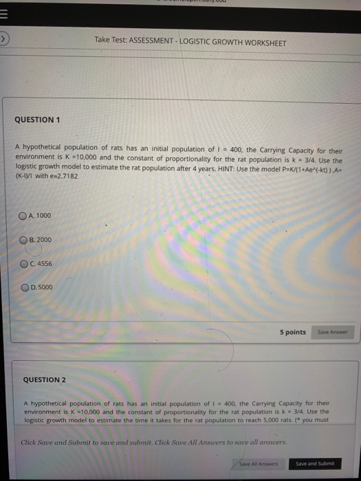 Solved > Take Test: ASSESSMENT-LOGISTIC GROWTH WORKSHEET | Chegg.com