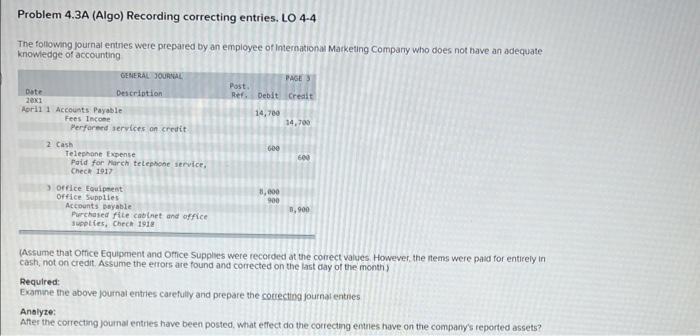 Problem 4.3A (Algo) Recording correcting entries. LO | Chegg.com