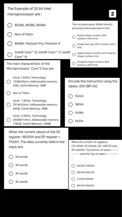 Solved The Example of 32 bit Intel microprocessor are: 2 | Chegg.com