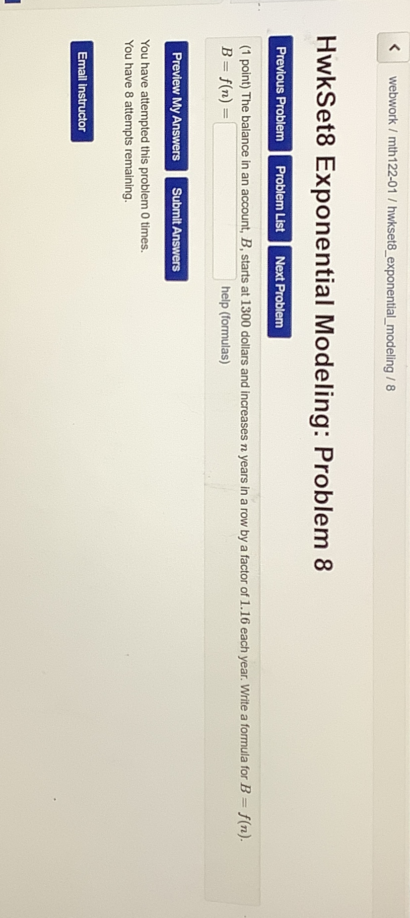 Solved webwork / ﻿mth122-01 / ﻿hwkset8_exponential_modeling | Chegg.com