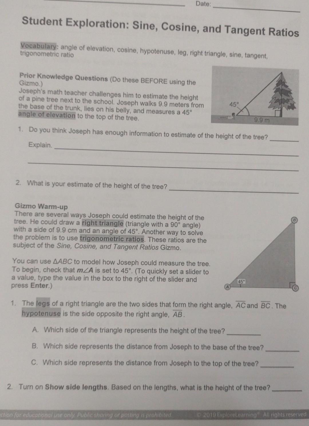 Solved Student Exploration: Sine, Cosine, and Tangent Ratios | Chegg.com