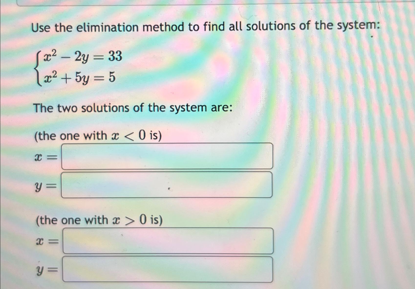 Solved Use the elimination method to find all solutions of | Chegg.com