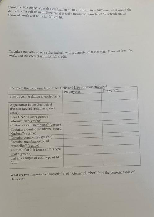 Solved Using the 40x objective with a calibration of 10 | Chegg.com