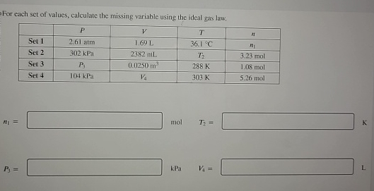 Solved For each set of values, calculate the missing | Chegg.com