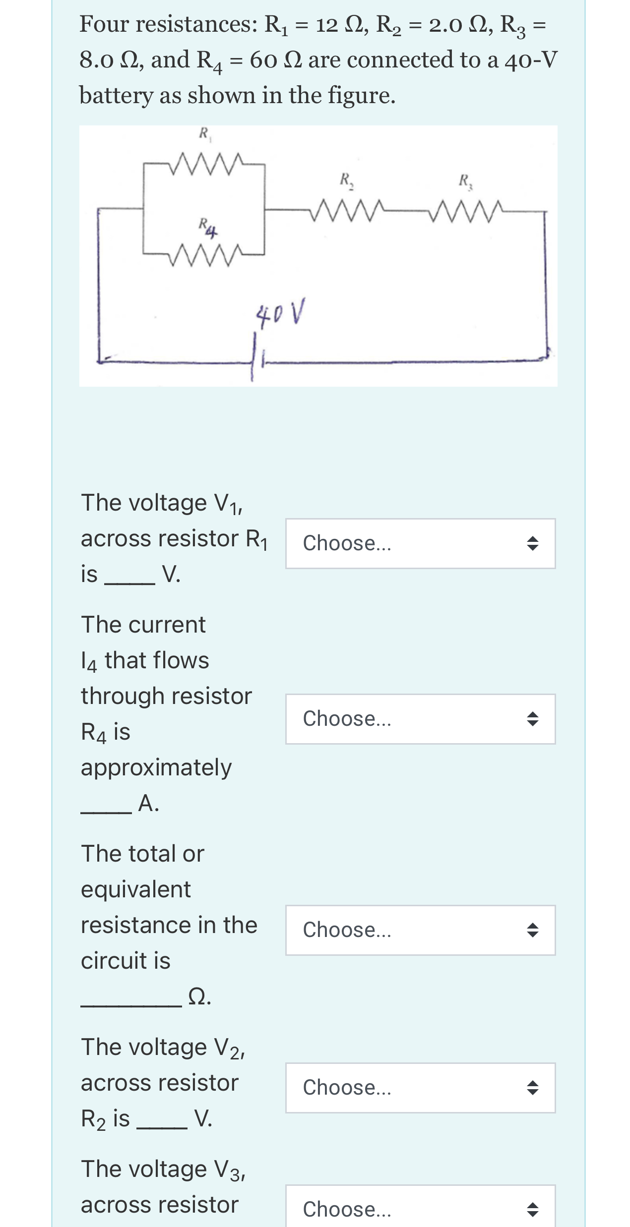 Solved Four resistances: R1=12Ω,R2=2.0Ω,R3= 8.0 Ω, ﻿and | Chegg.com