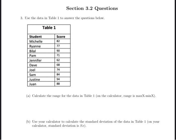 Solved Section 3.1 Questions 1. Use the data in Table 1 to | Chegg.com