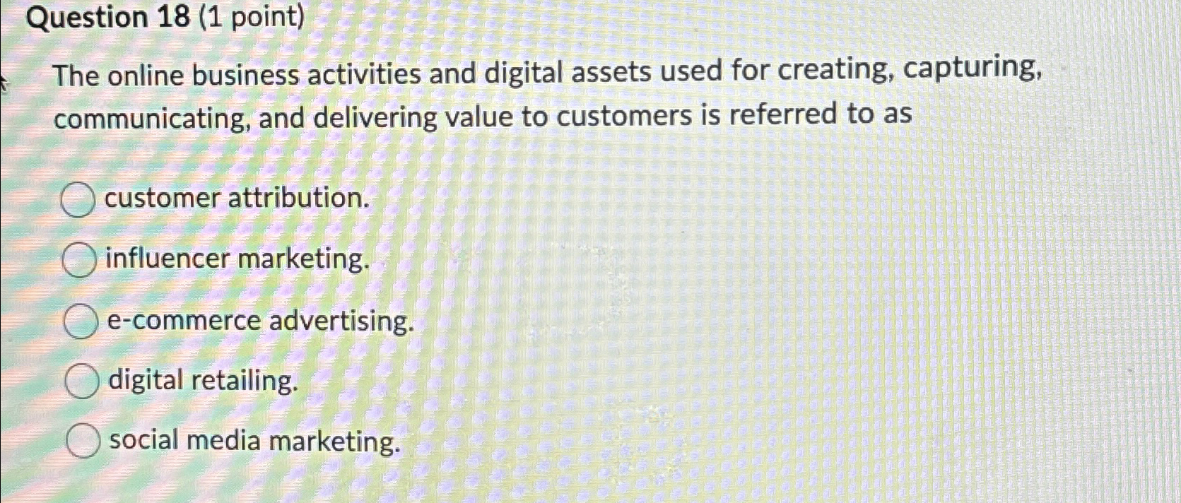 Solved Question 18 (1 ﻿point)The online business activities | Chegg.com