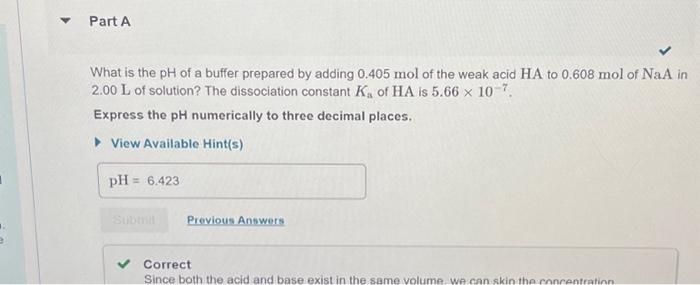 Solved What is the pH of a buffer prepared by adding 0.405 | Chegg.com