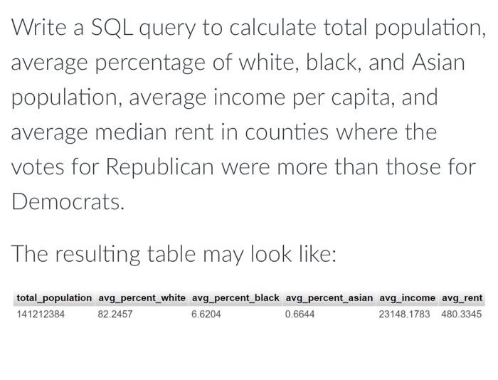 Solved Write a SQL query to calculate total population, | Chegg.com Solved Write a SQL query to calculate total population, | Chegg.com