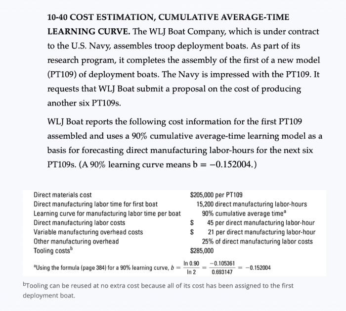 Solved 10-40 COST ESTIMATION, CUMULATIVE AVERAGE-TIME | Chegg.com