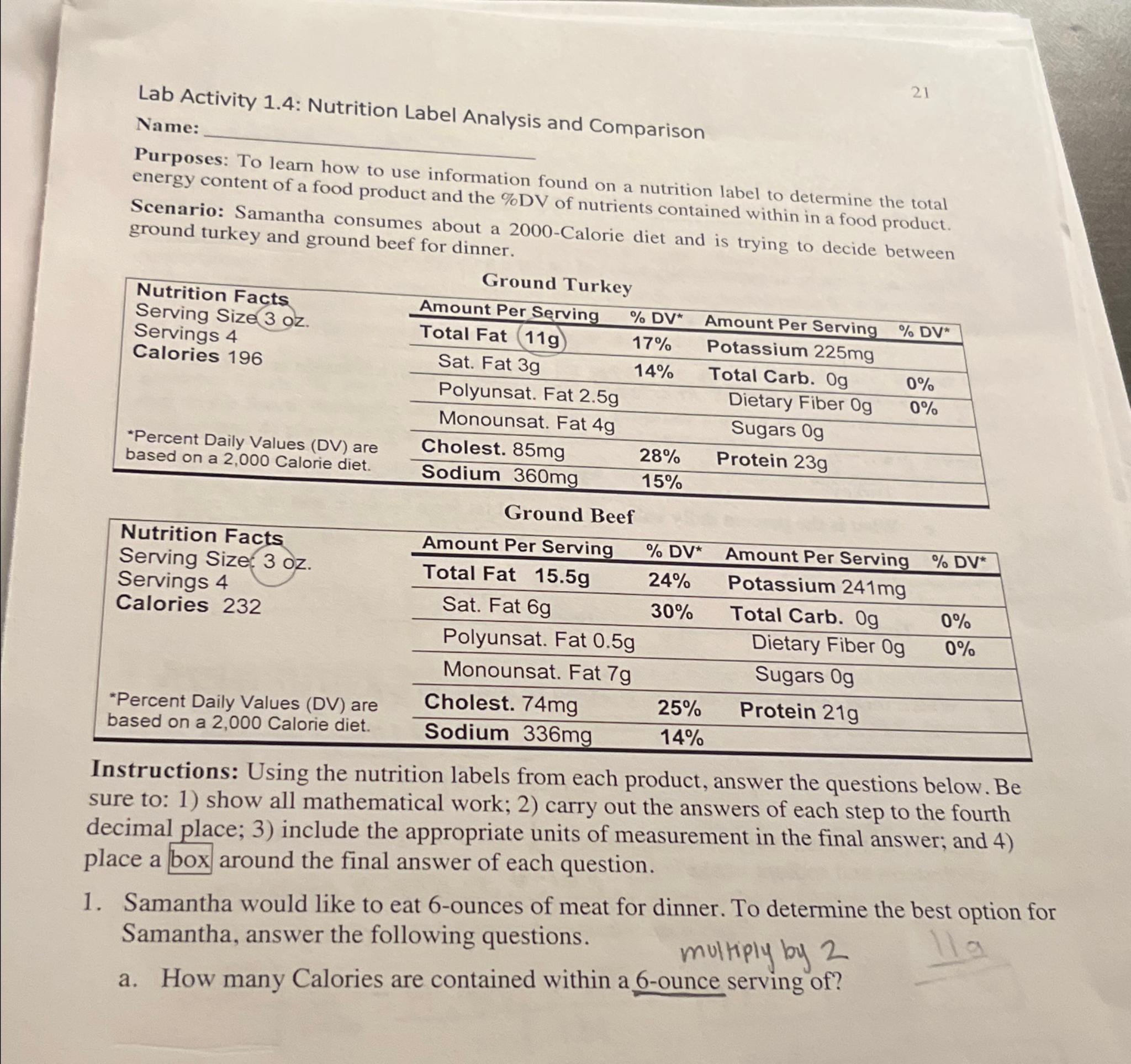 Solved Lab Activity 1.4: Nutrition Label Analysis and | Chegg.com