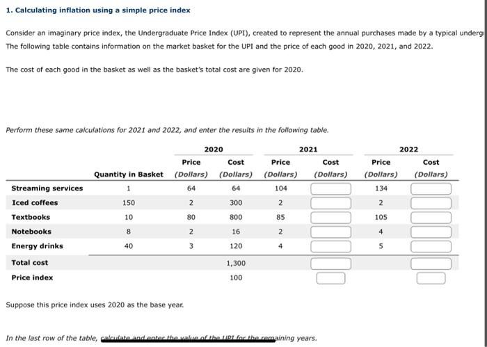 Solved 1. Calculating inflation using a simple price index | Chegg.com