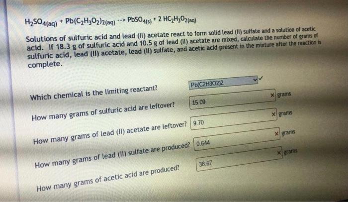 Solved H2SO4(aq) + Pb(C2H302)2(aq) PbSO4(s) + 2 HC2H302(aq) | Chegg.com