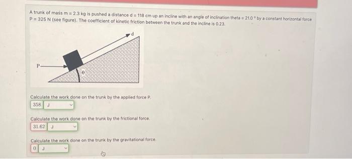 Solved A trunk of mass m=2.3 kg is pushed a distance d=118 | Chegg.com