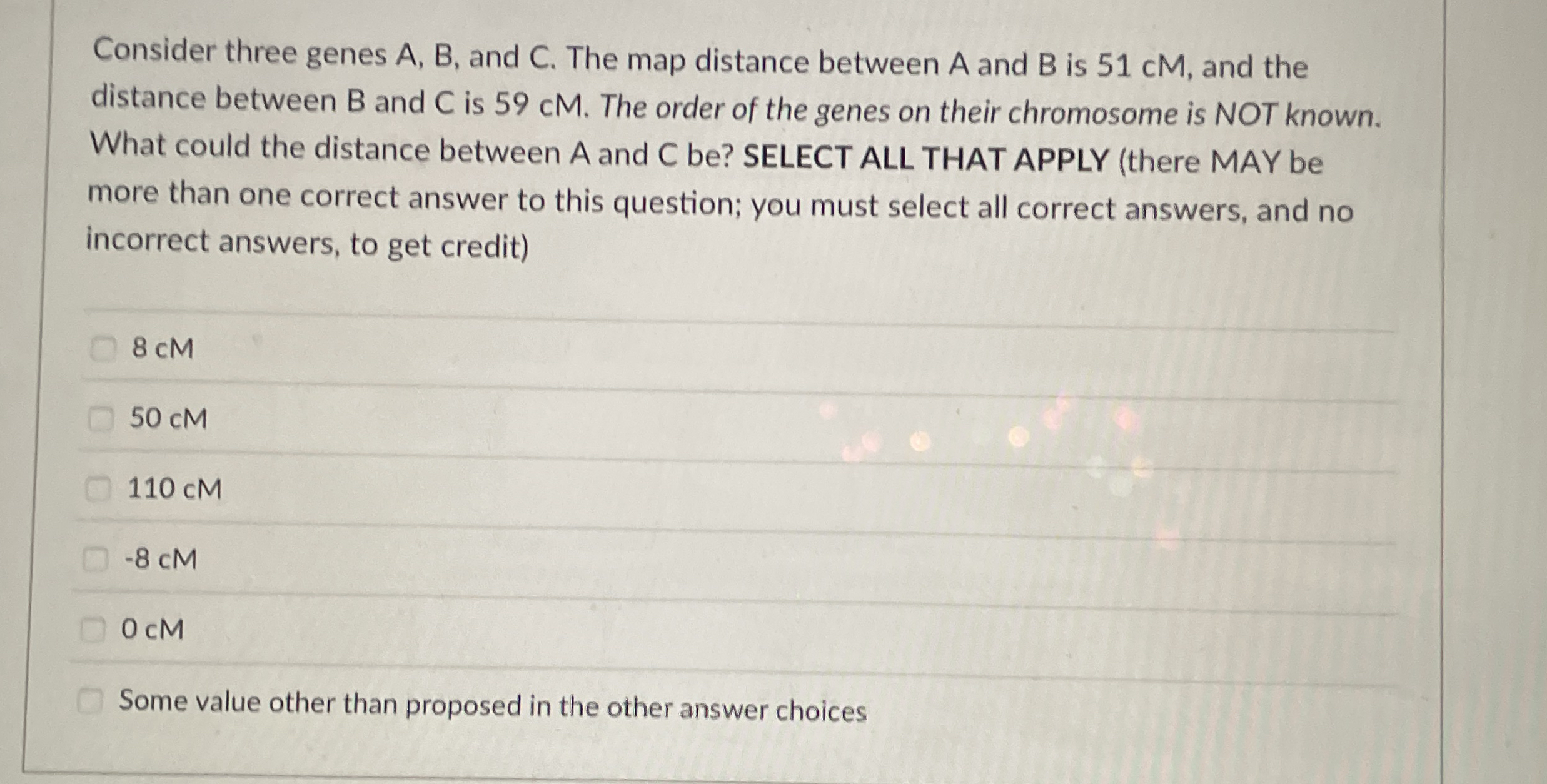Solved Consider three genes A,B, ﻿and C. ﻿The map distance | Chegg.com